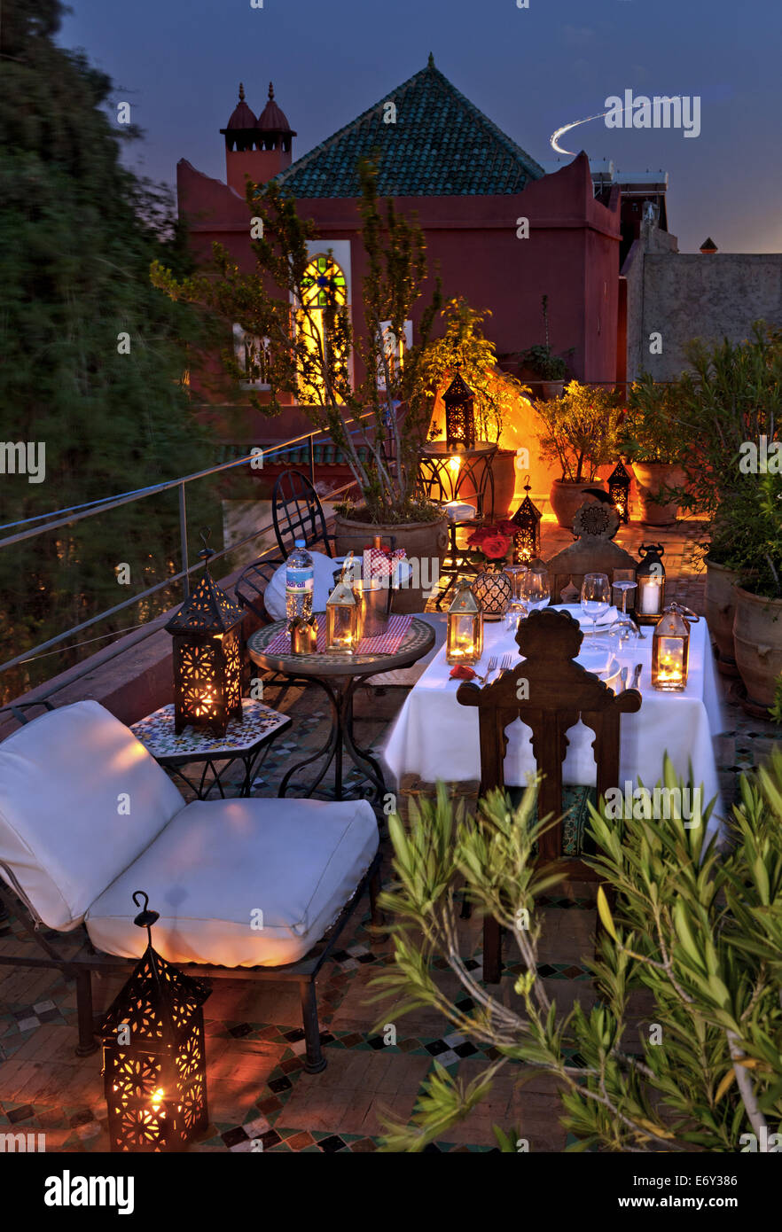 Rooftop dining, Riad Kaiss, Marrakech, Morocco Stock Photo - Alamy