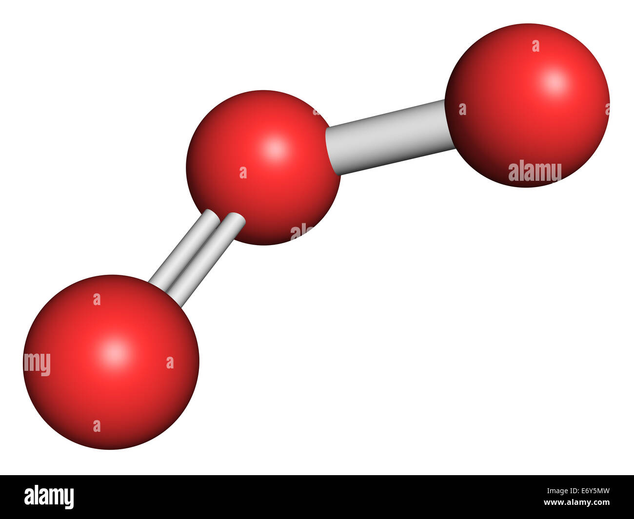 Ozone (trioxygen, O3) molecule, chemical structure. Atoms are represented as spheres with ...