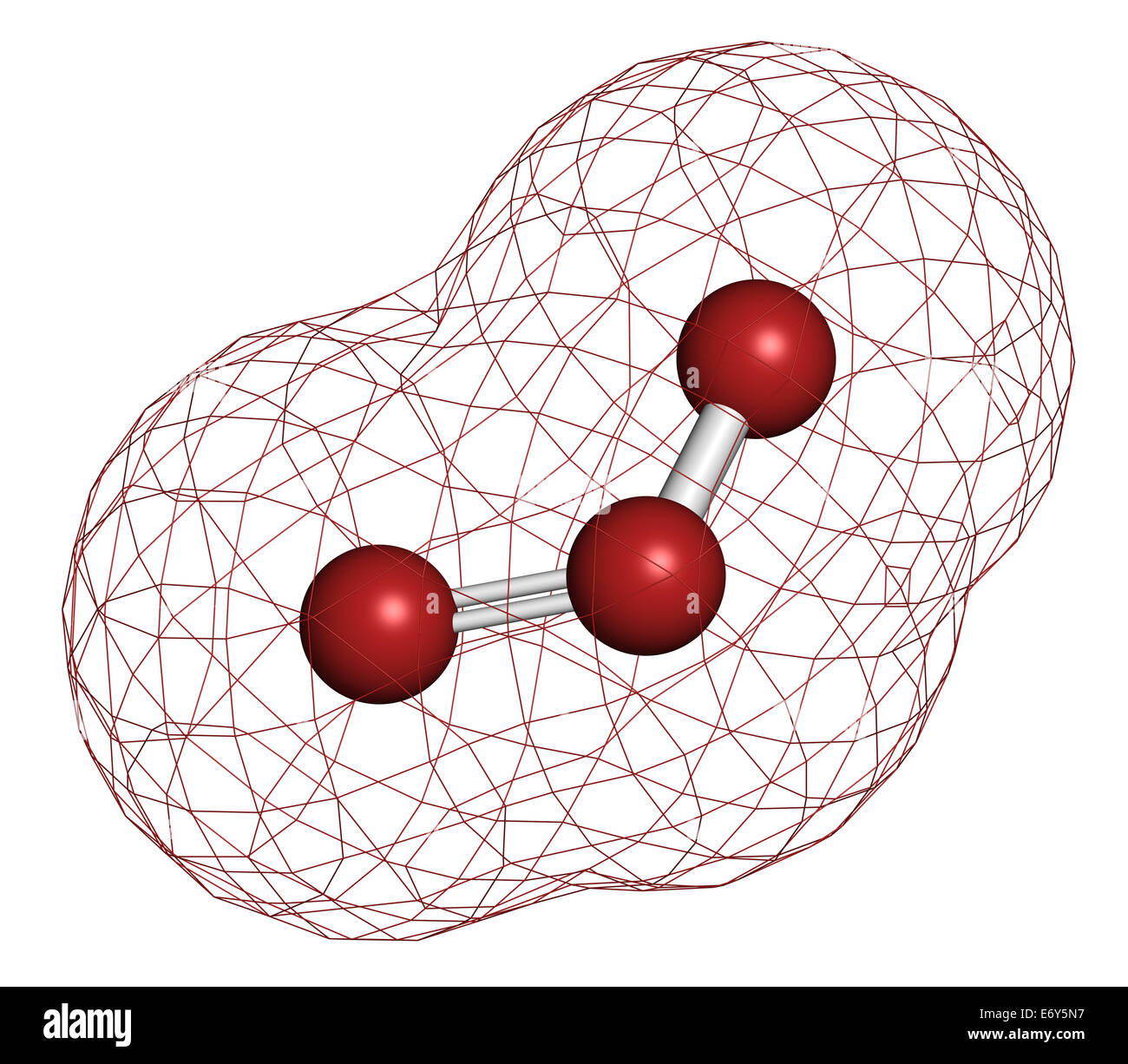 Ozone (trioxygen, O3) molecule, chemical structure. Atoms are ...