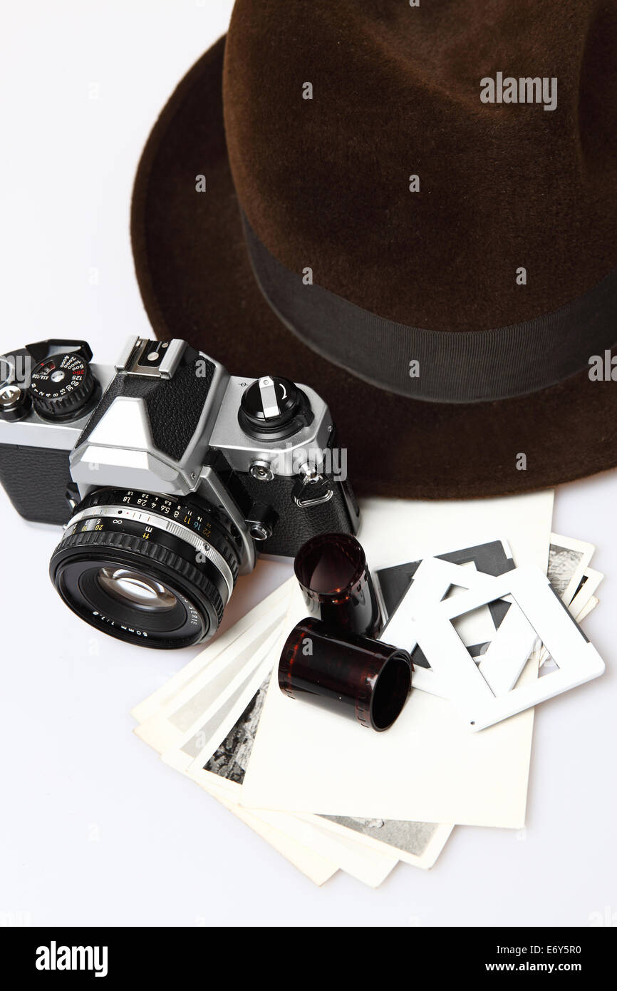 Retro Camera & Fedora Hat on the white background. Press concept Stock ...