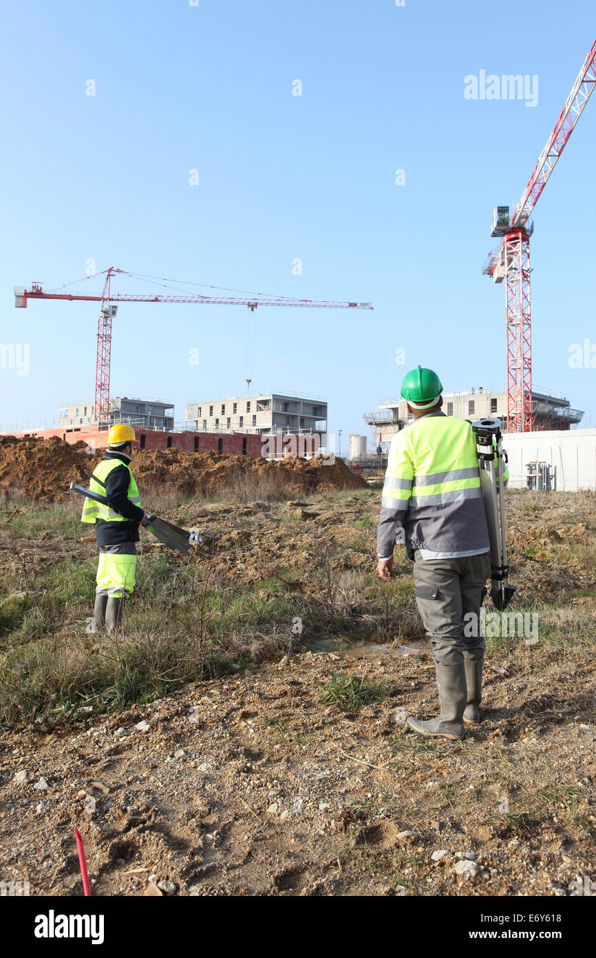 Field workers with cranes in the background Stock Photo - Alamy