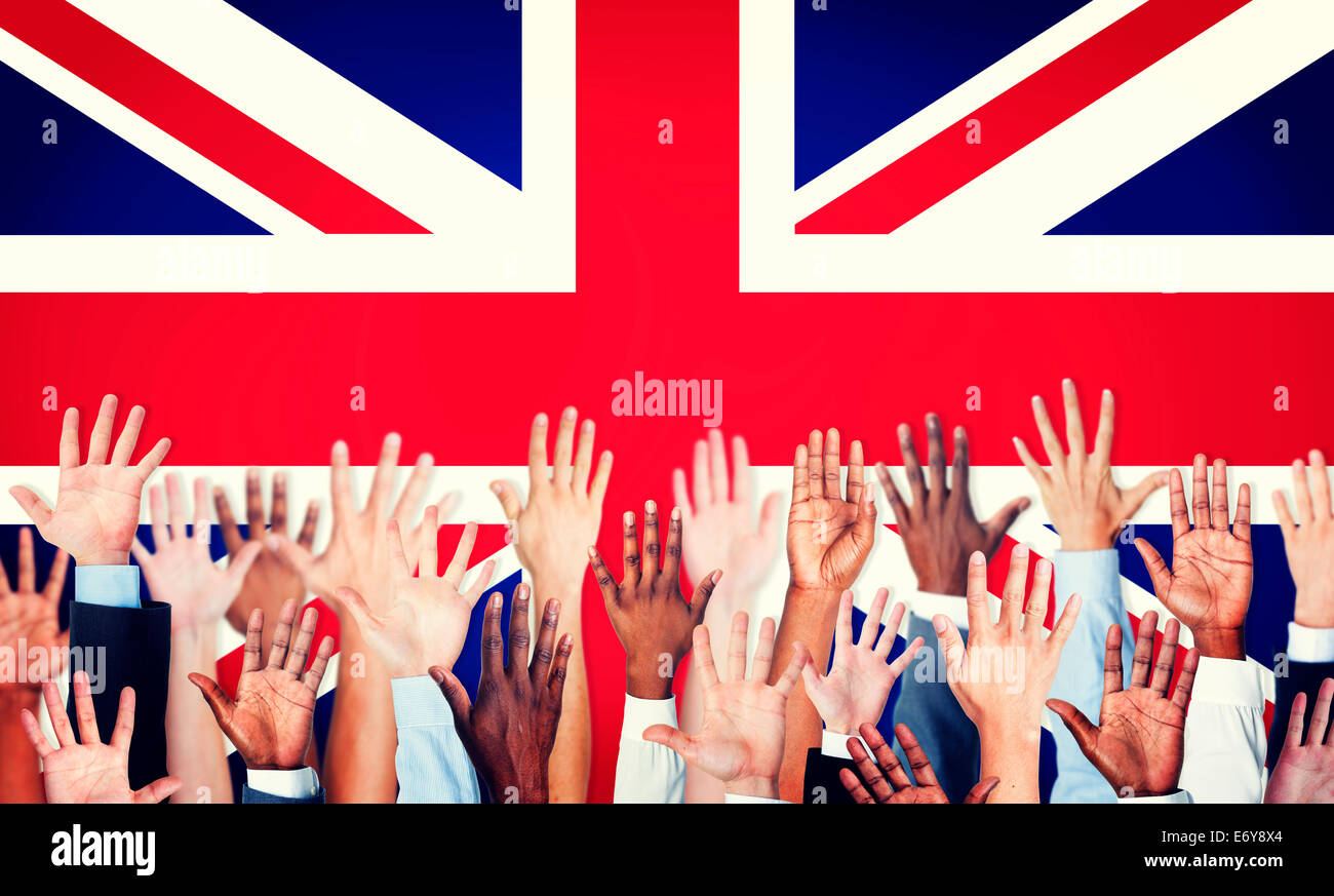 Group of Multi-Ethnic Arms Raised and a Flag of United Kingdom as a ...