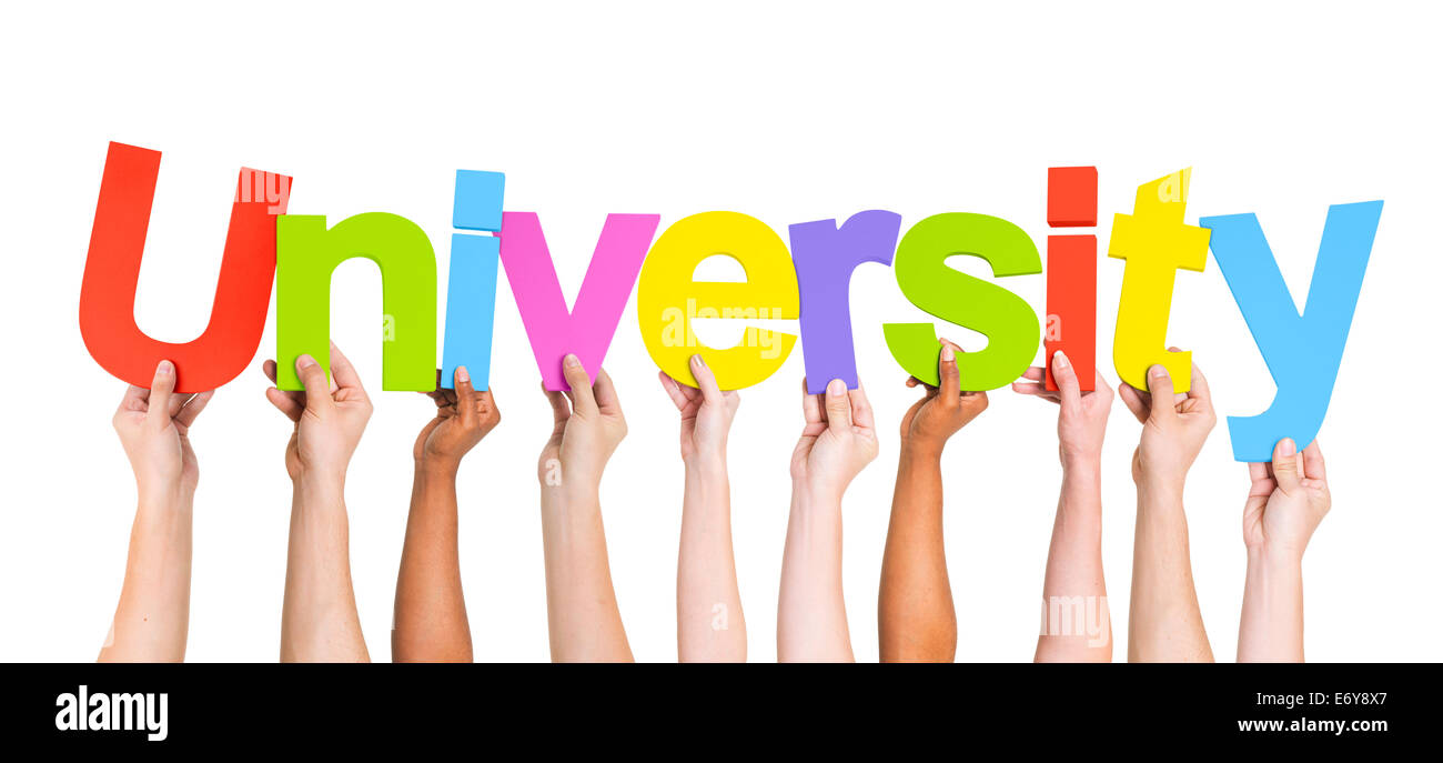 Diverse Hands Holding The Word University Stock Photo - Alamy