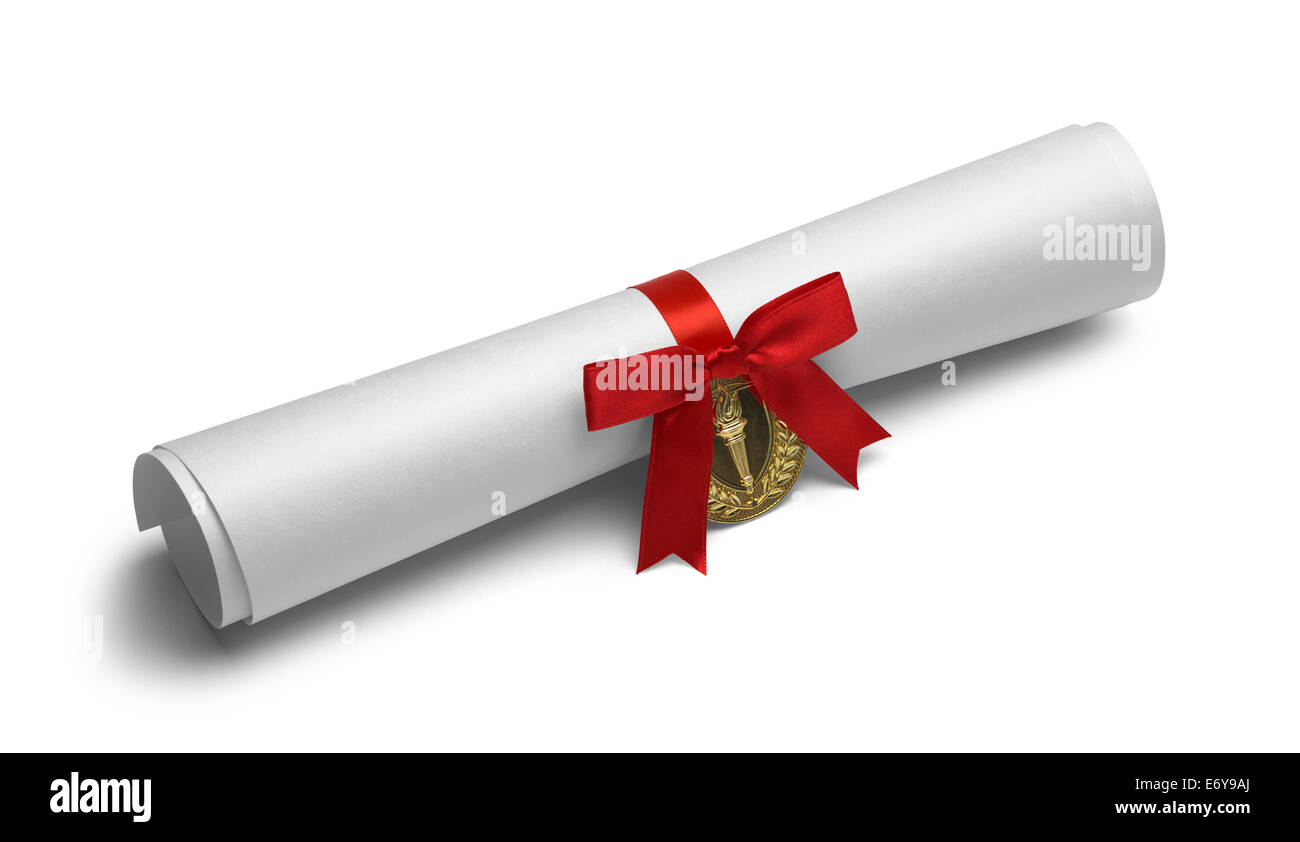 Diploma with Torch Medal and Red Bow Ribbon Isolated on White ...