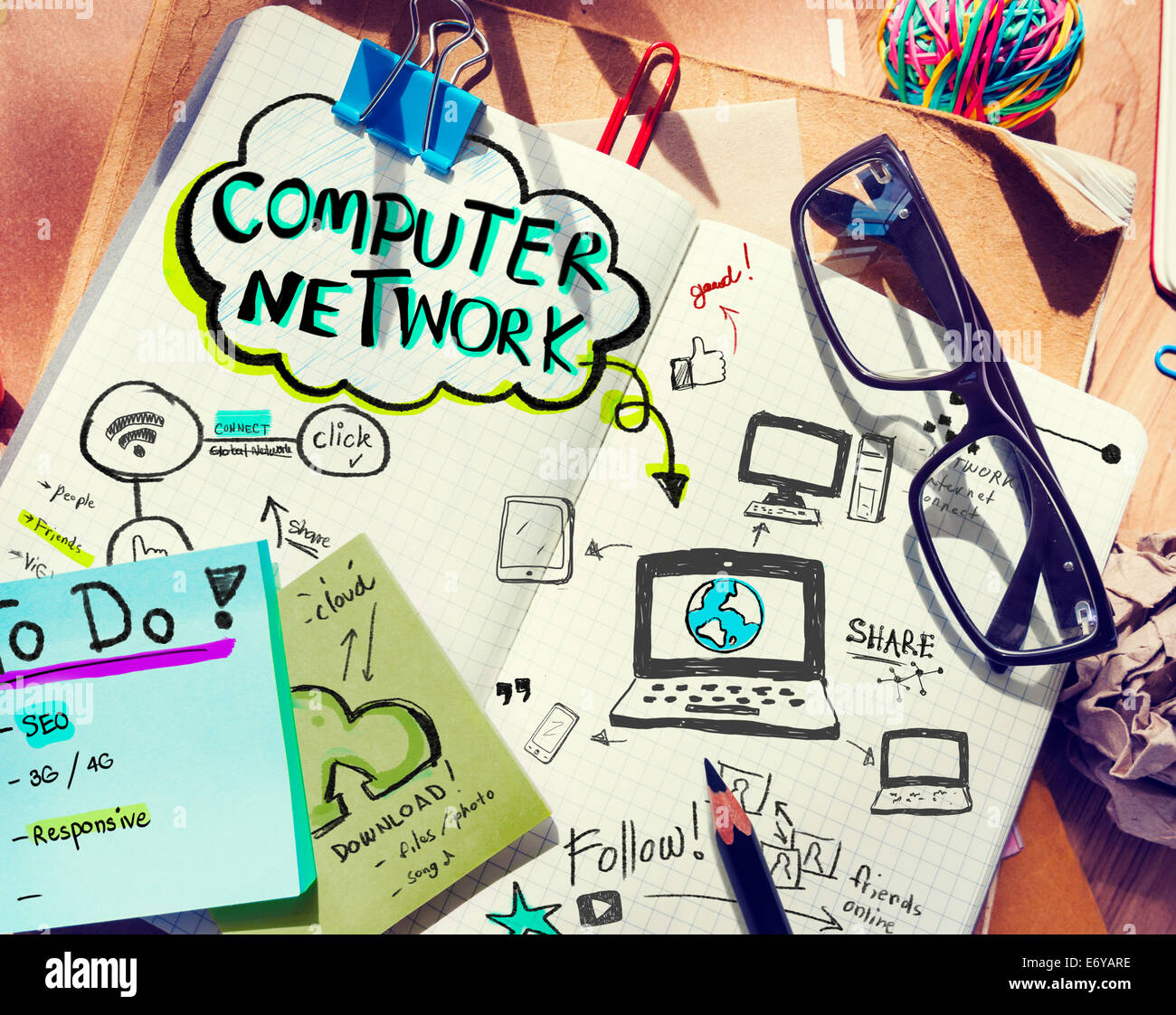 Business People's Desk with Computer Network Concept Stock Photo - Alamy