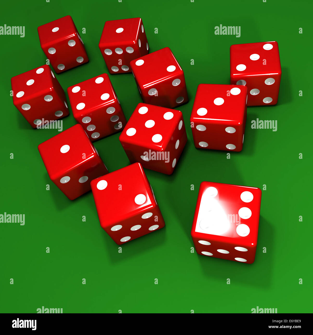 3d render of lots of red dice on green background Stock Photo - Alamy
