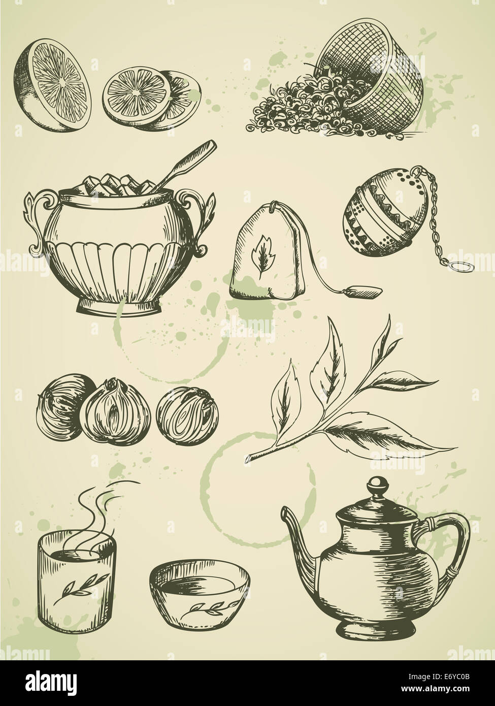 set of vintage hand drawn tea icons Stock Photo - Alamy
