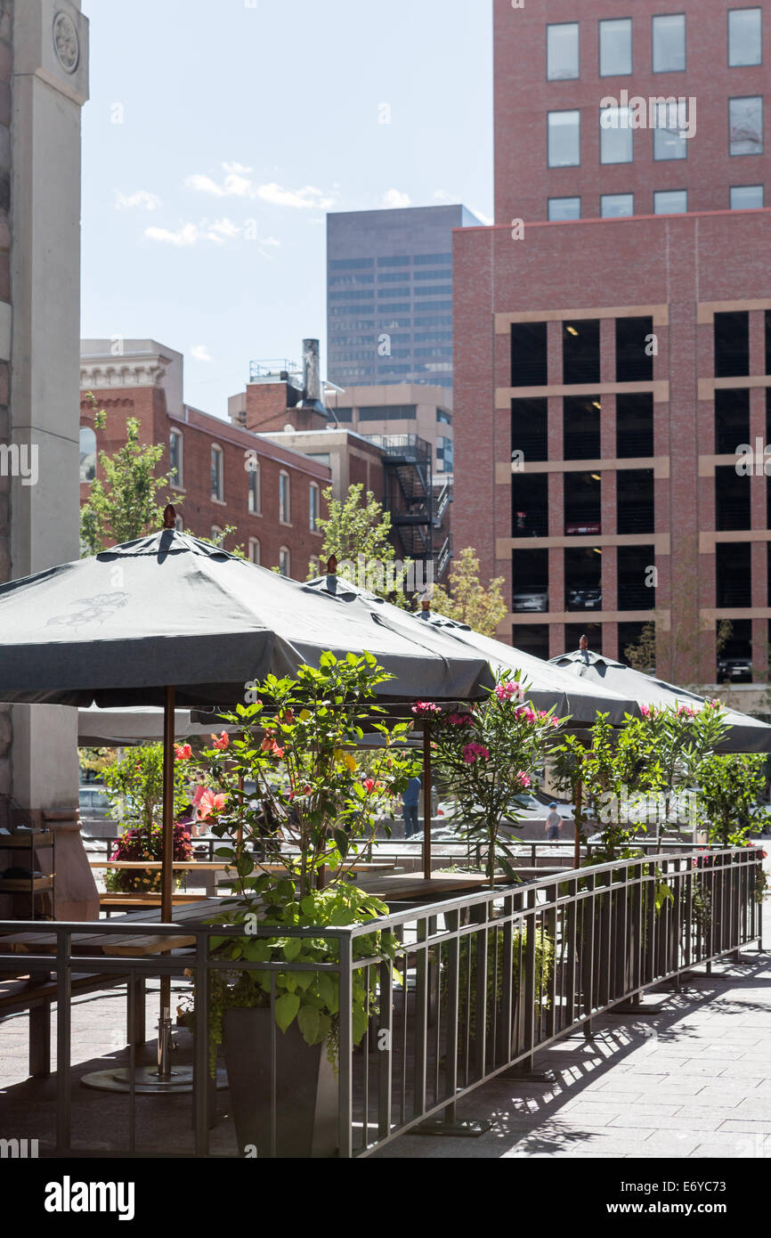 Empty patio of restaurant in urban area Stock Photo - Alamy