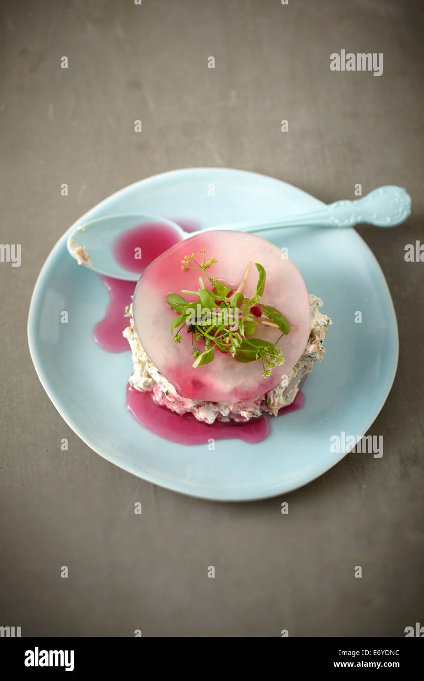 Potted fish and turnips with beetroot syrup Stock Photo - Alamy