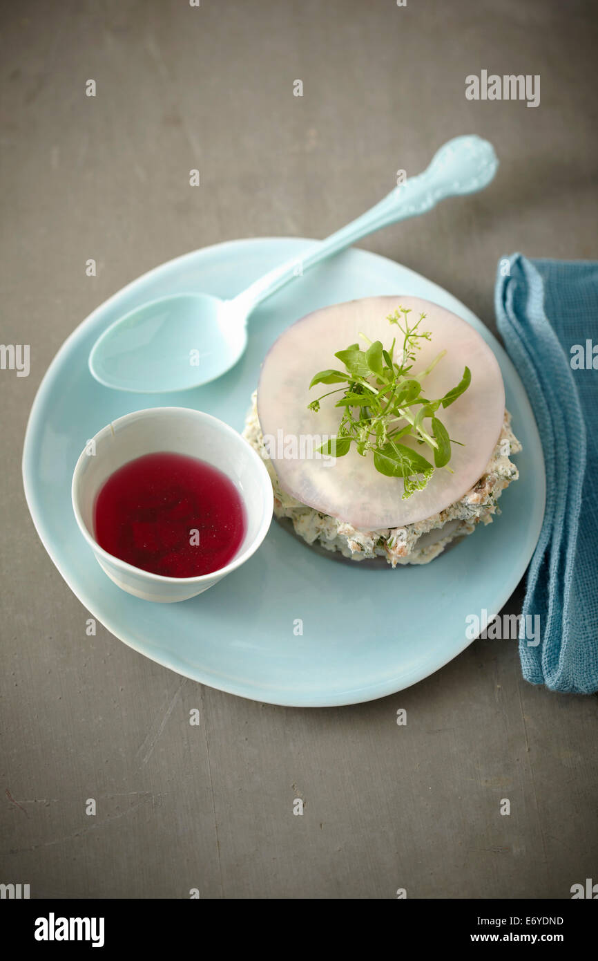 Potted fish and turnips with beetroot syrup Stock Photo - Alamy