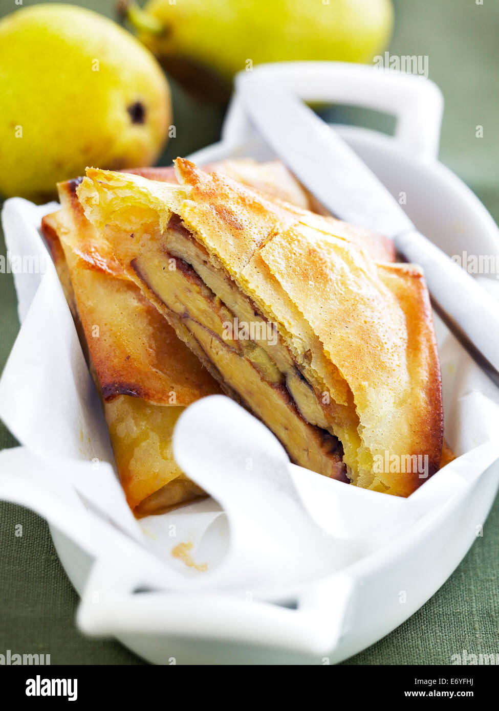 Foie gras and pear filo pastry pies Stock Photo - Alamy
