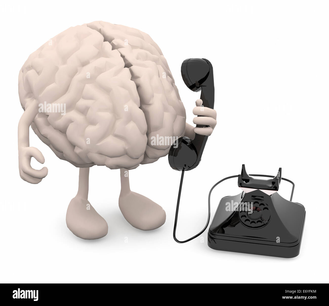 human brain with arms, legs and old phone on hand, 3d illustration ...