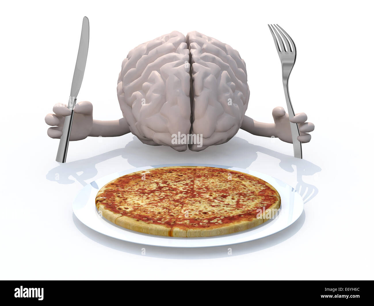 human brain with hands, fork and knife in front of a pizza dish, 3d ...