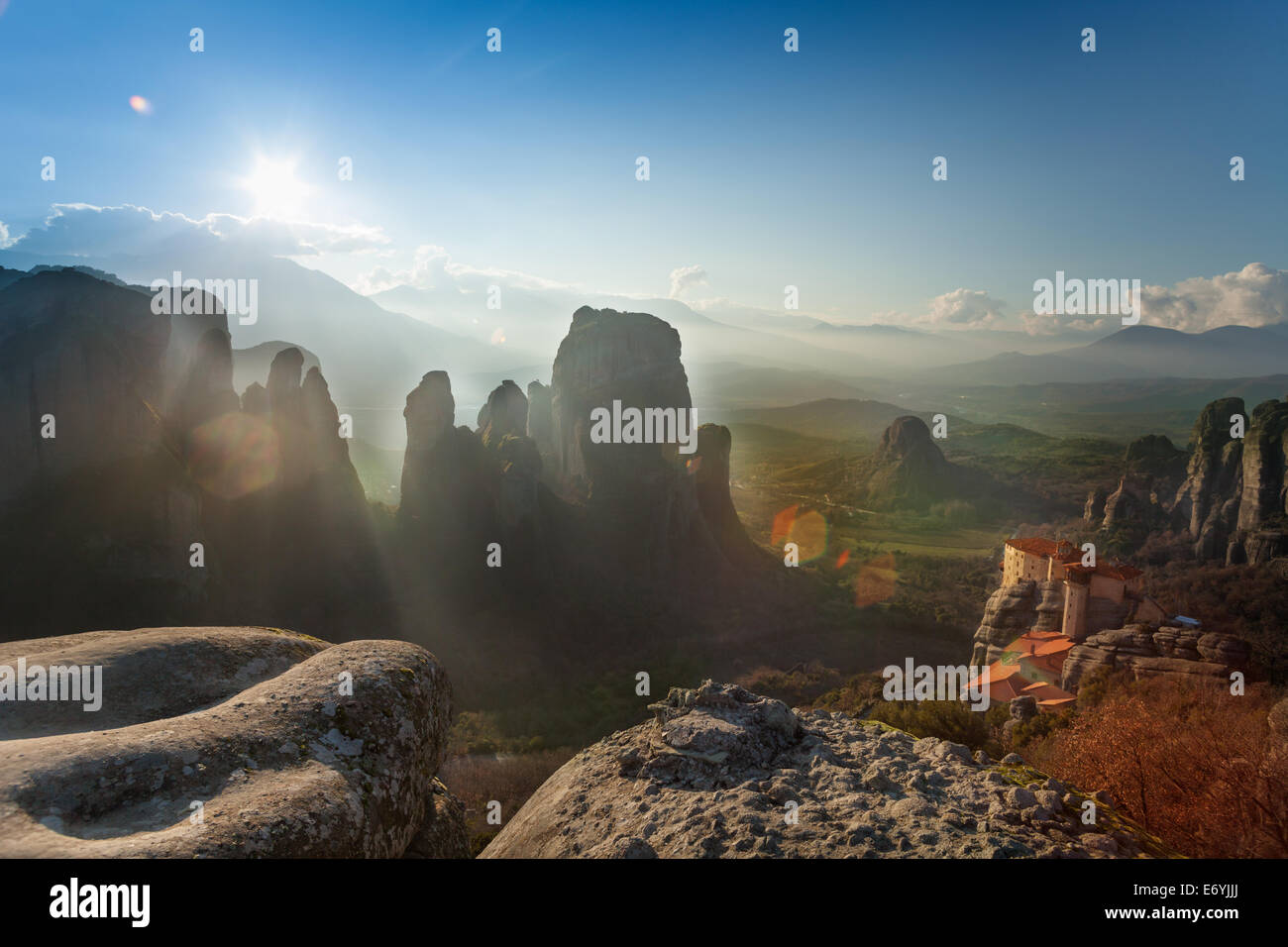 Landscape of Meteora mountains and monastery Stock Photo - Alamy