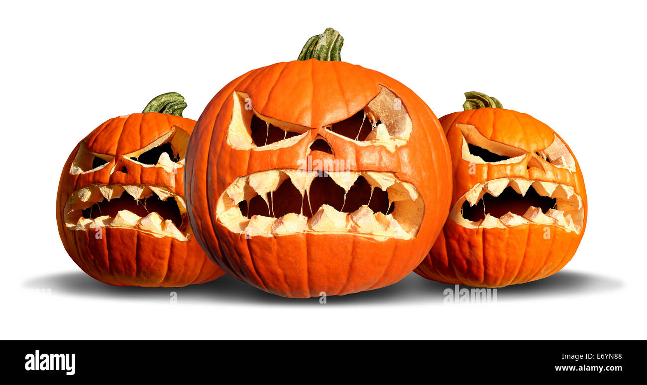 Pumpkin monster group with three scary pumpkins on a white background ...