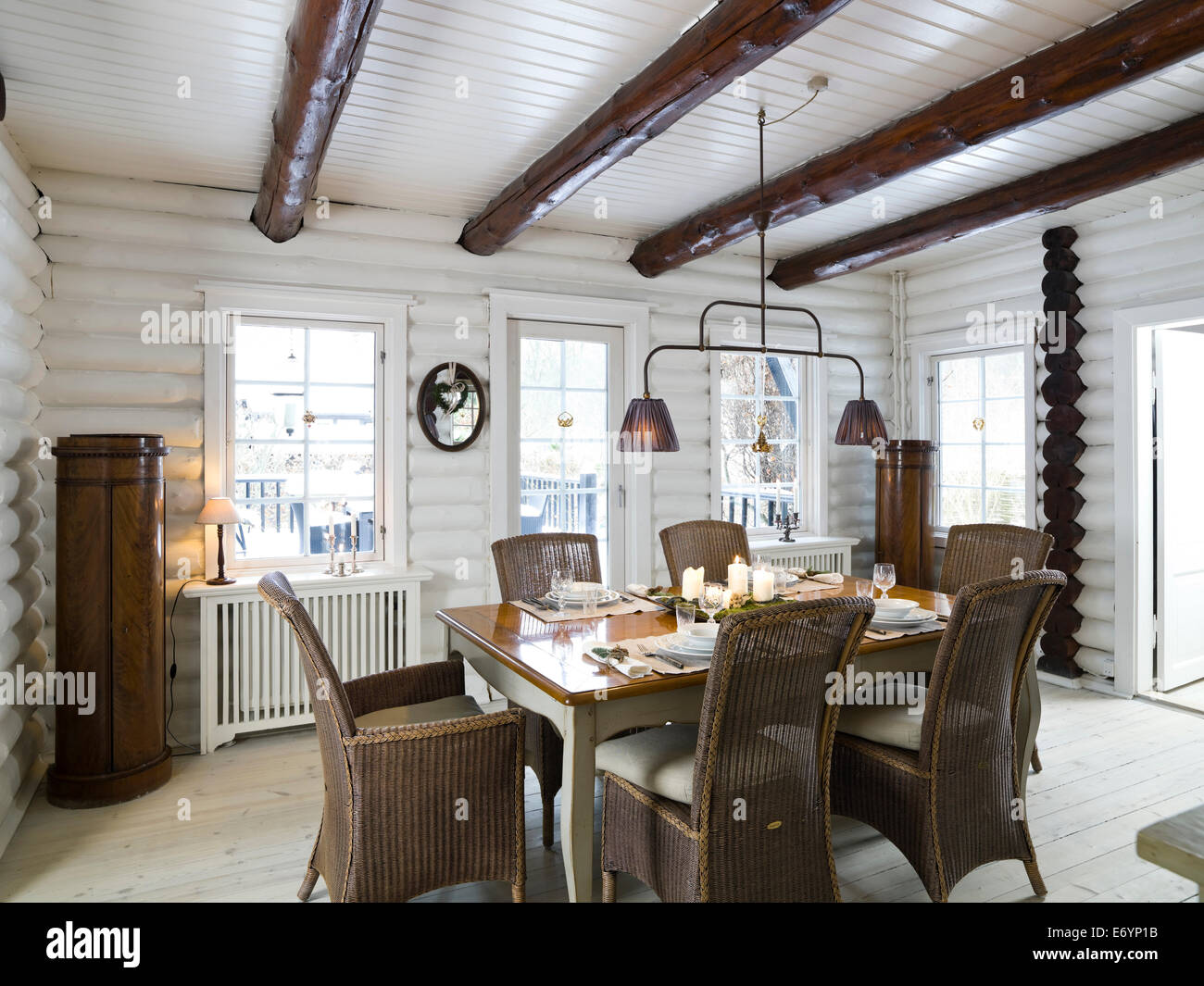 Dining room in log cabin, Copenhagen, Denmark Stock Photo - Alamy