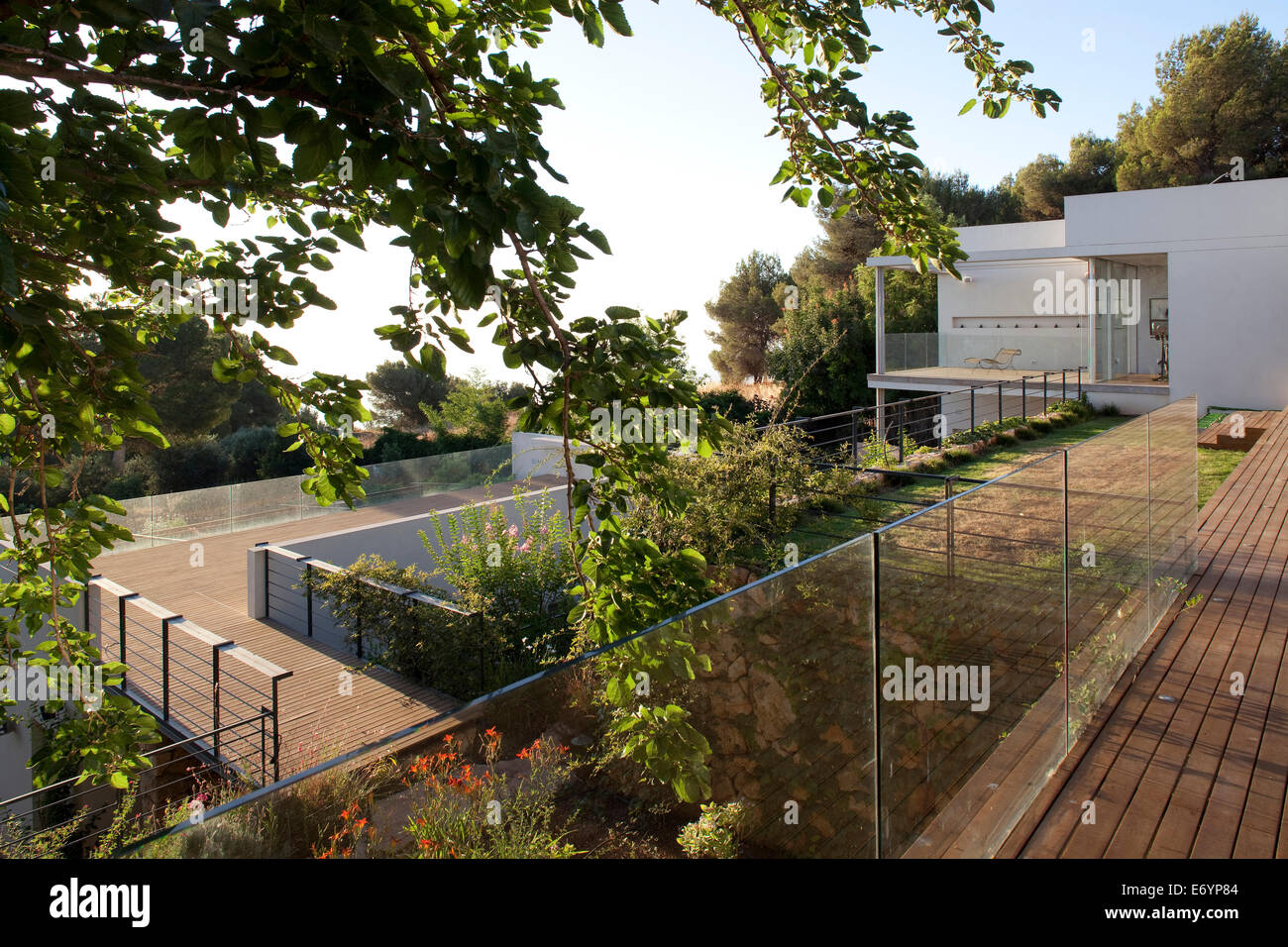 Geometric wooden balcony terrace in L House, Israel, Middle East Stock ...