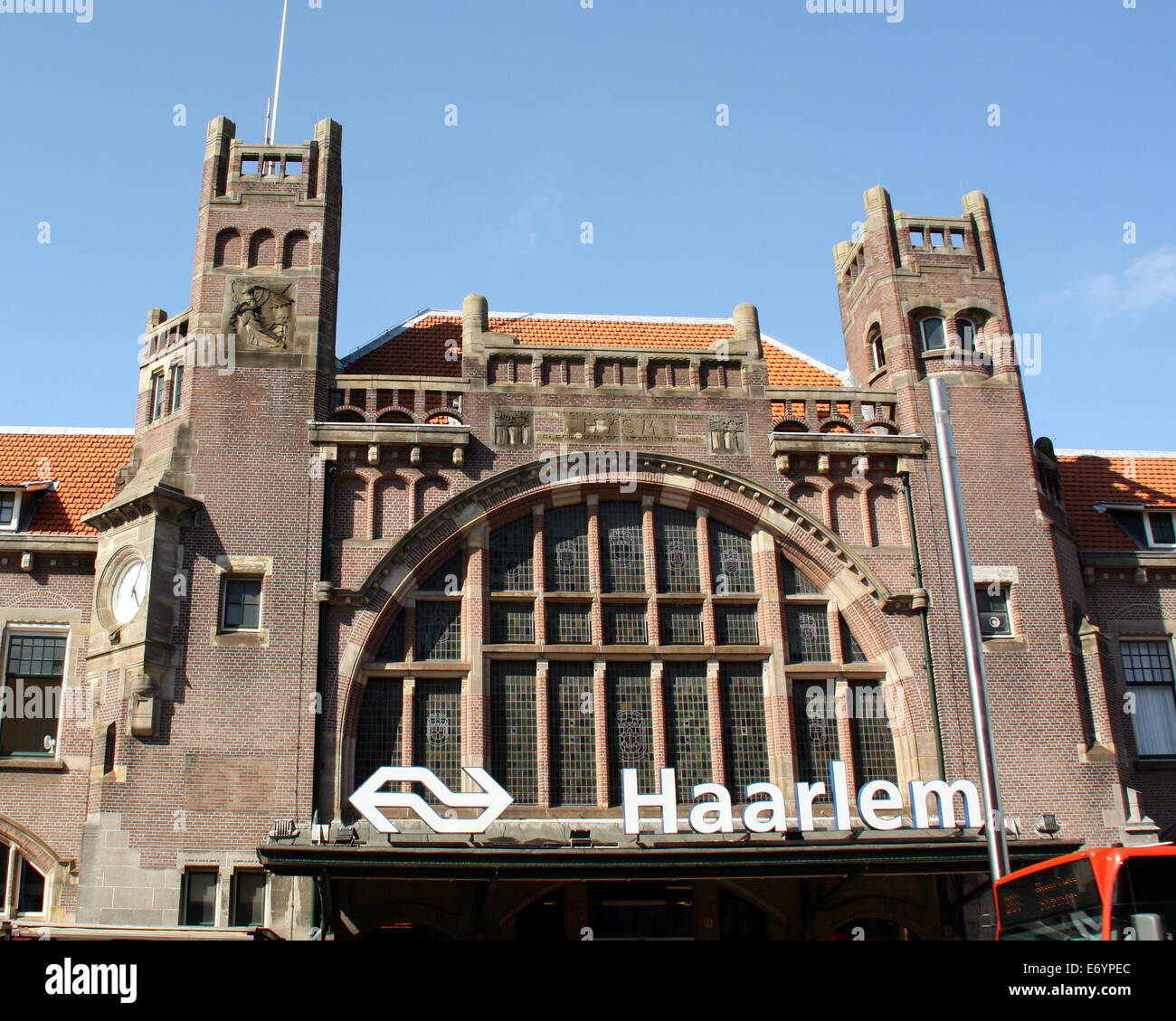 Facade of the station building from the 19th century in Haarlem. The ...