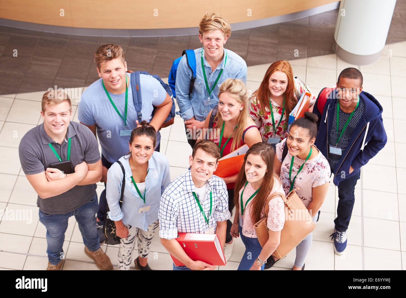 Overhead Portrait Of College Students Standing In Hallway Stock Photo ...