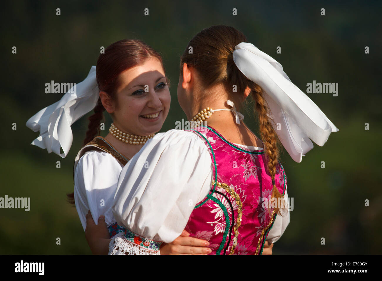 Czech folklore dancers, wearing traditional costume, performing ...