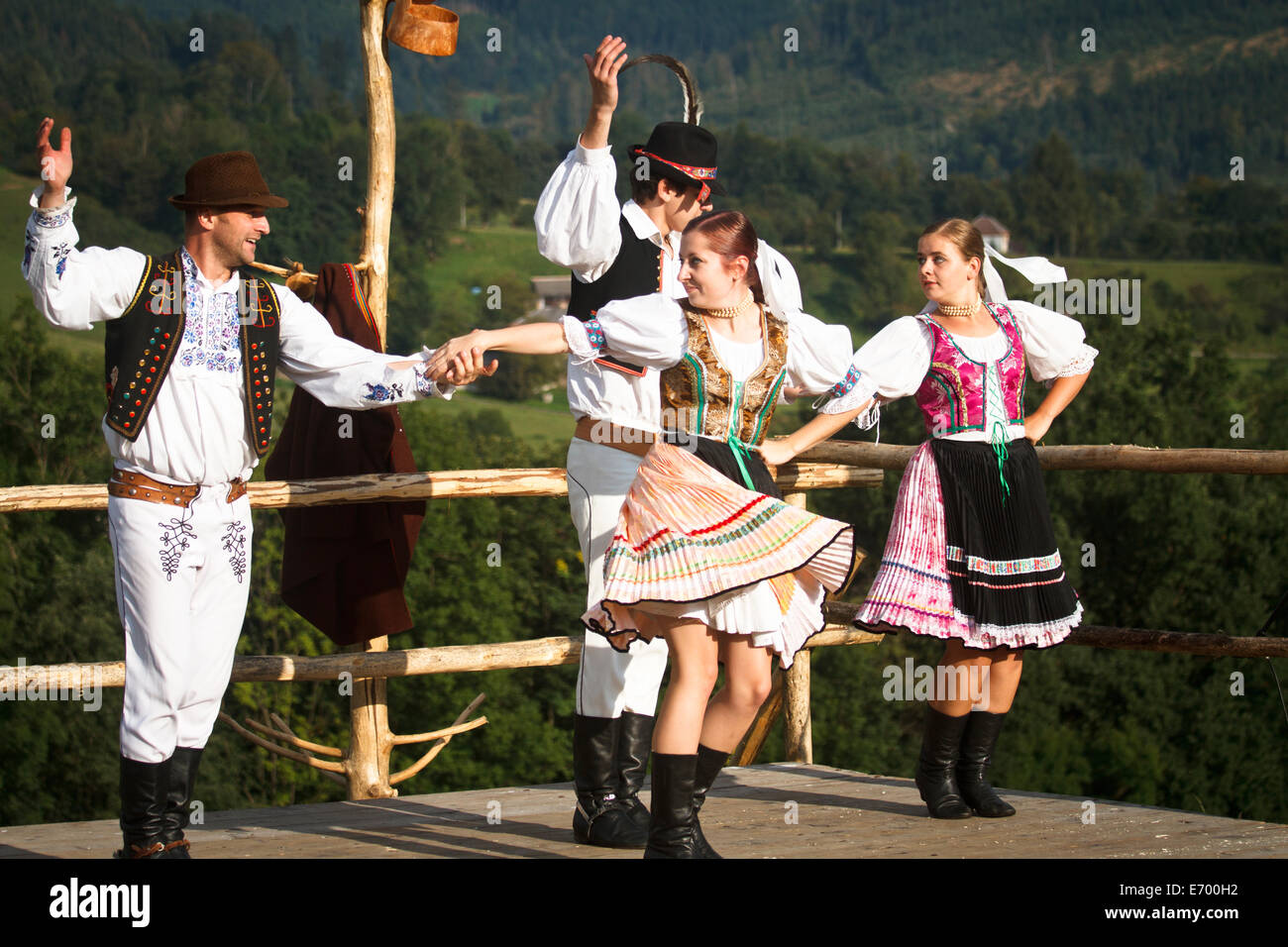 Czech folklore dancers, wearing traditional costume, performing ...
