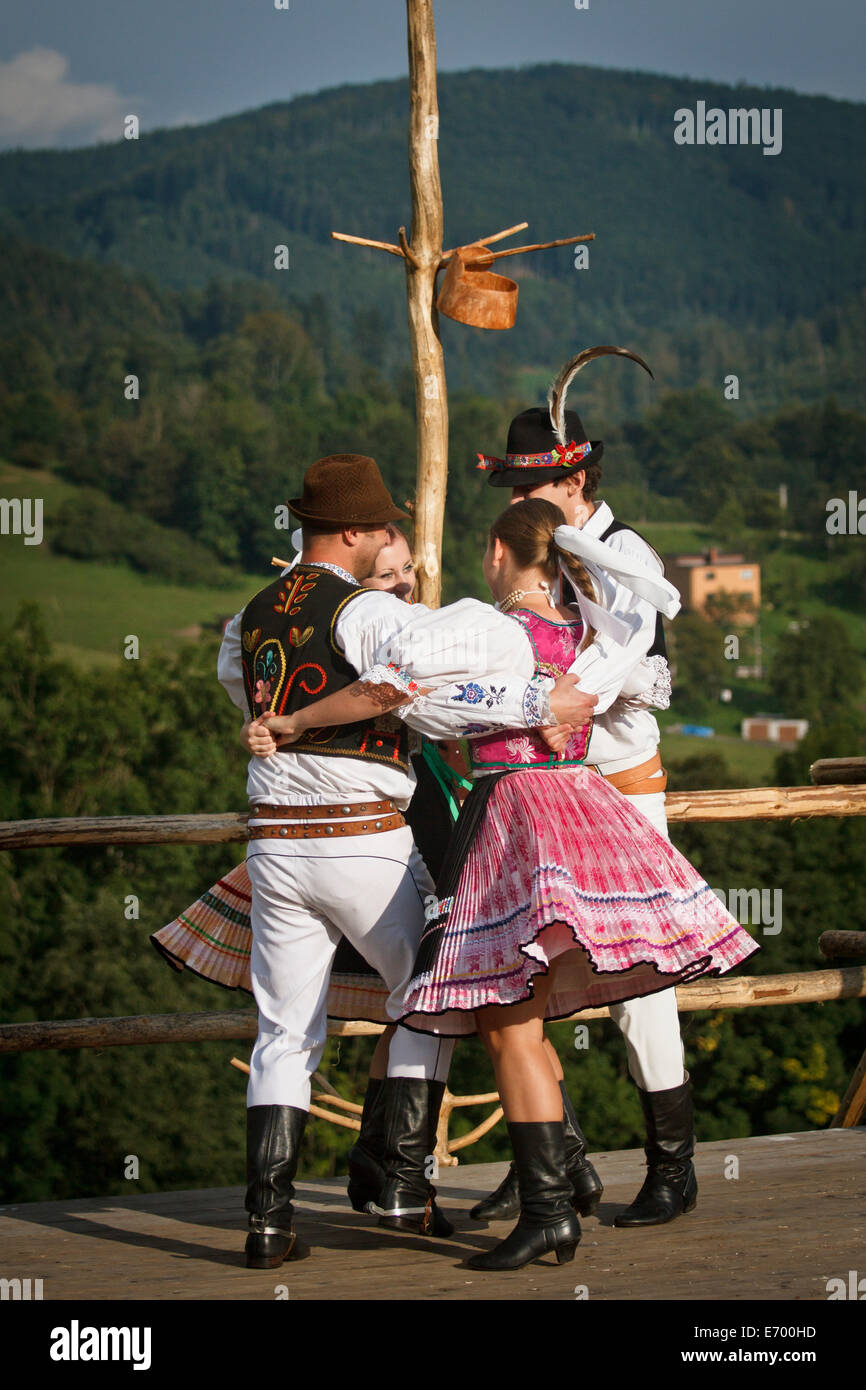 Czech folklore dancers, wearing traditional costume, performing ...