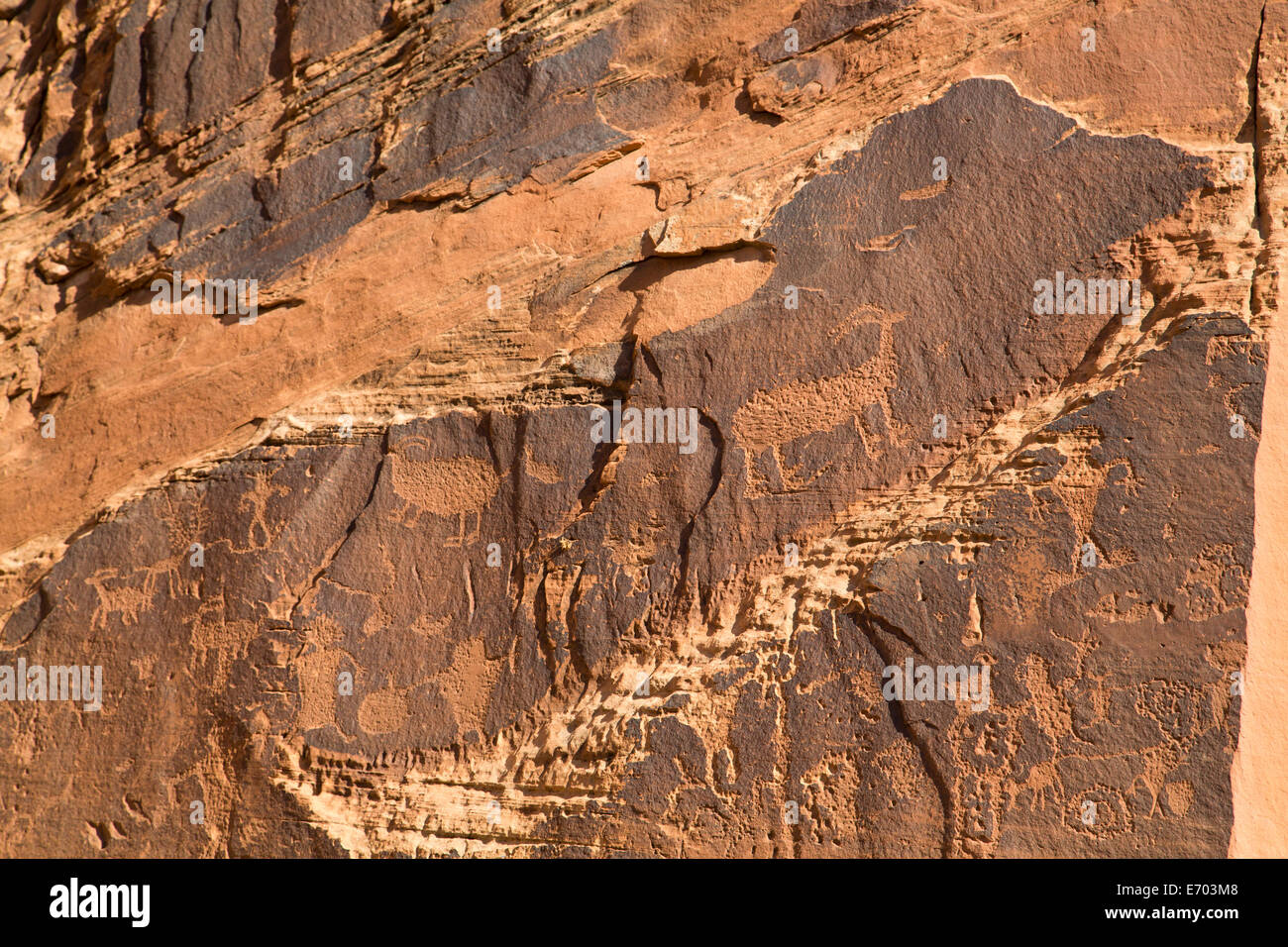 USA, Utah, Potash Road, near Moab, petroglyphs, ancestral puebloan, AD ...