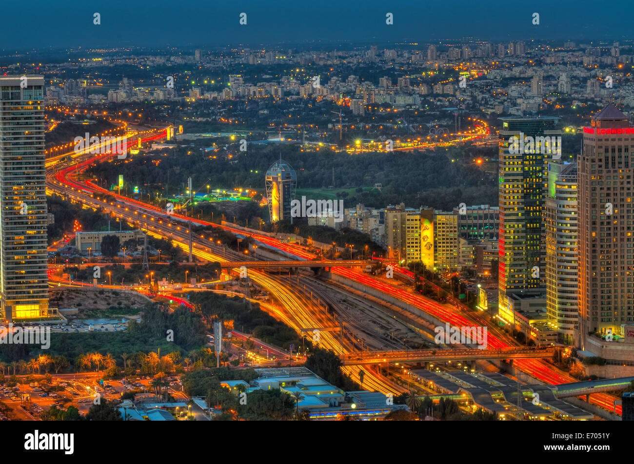 Aerial view of Tel Aviv at night with Ayalon Highway, Israel Stock ...