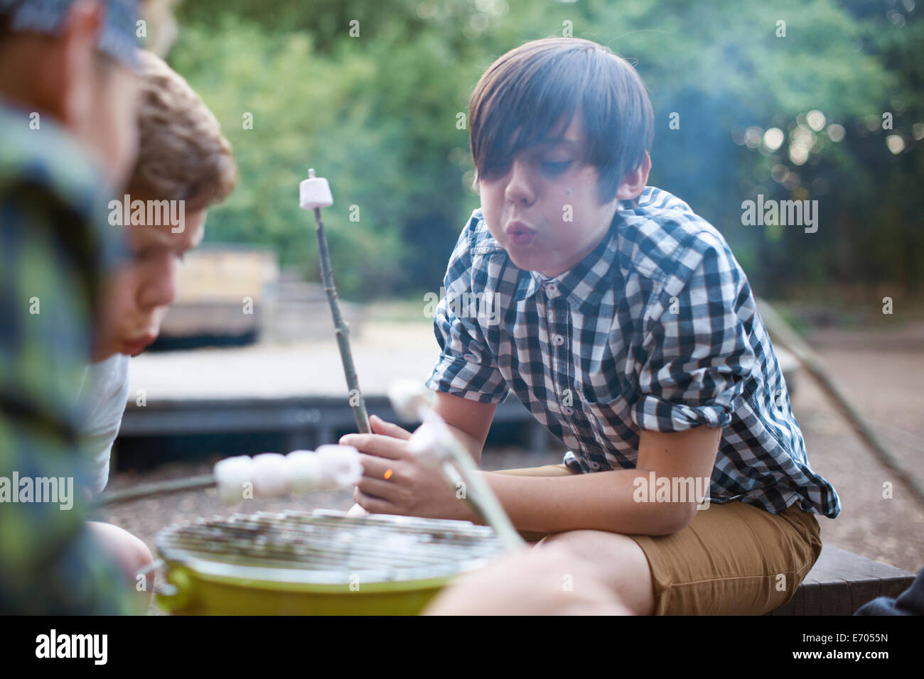Group of young boys toasting marshmallows over bucket barbecue Stock ...