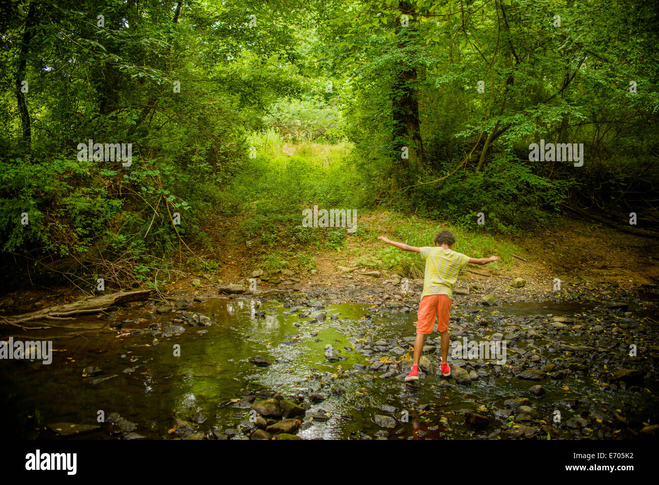 Boy at edge of stream Stock Photo - Alamy