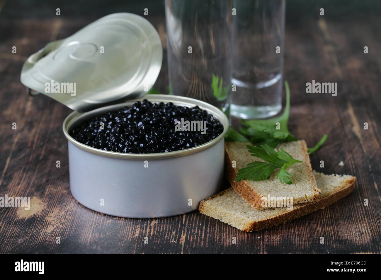 caviar with rye bread and two shots vodka on a wooden table Stock Photo ...