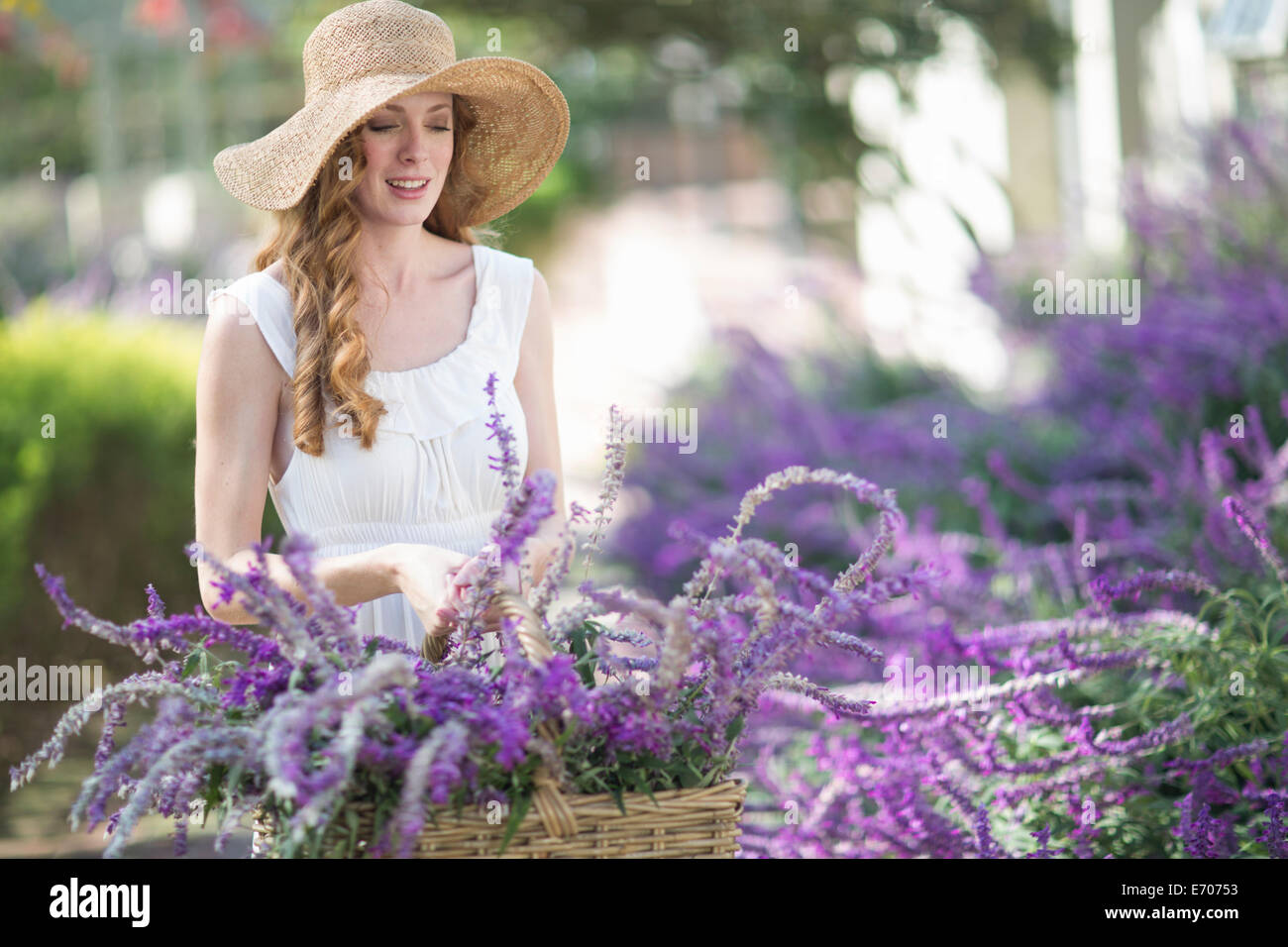 Beautiful young woman in garden looking at purple flowers Stock Photo ...