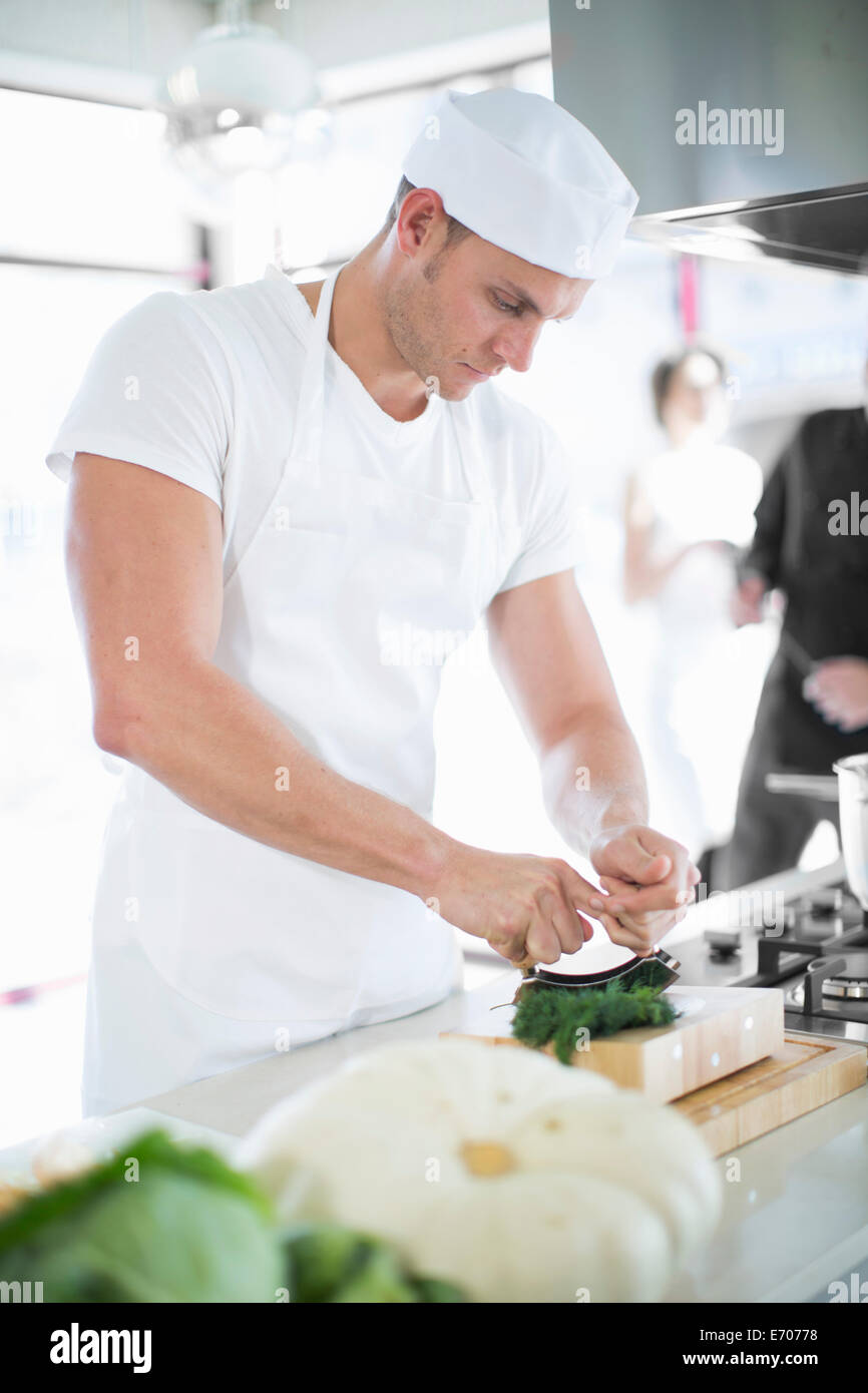 Male chef mixing using herb chopper in commercial kitchen Stock Photo ...