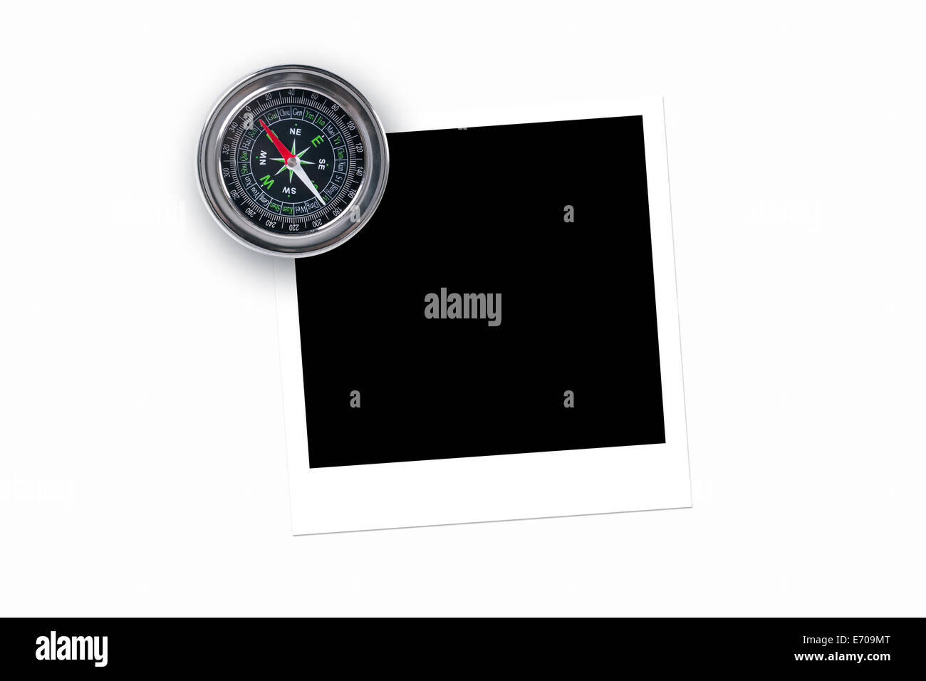 Blank, black picture frame with compass, isolated on white background ...