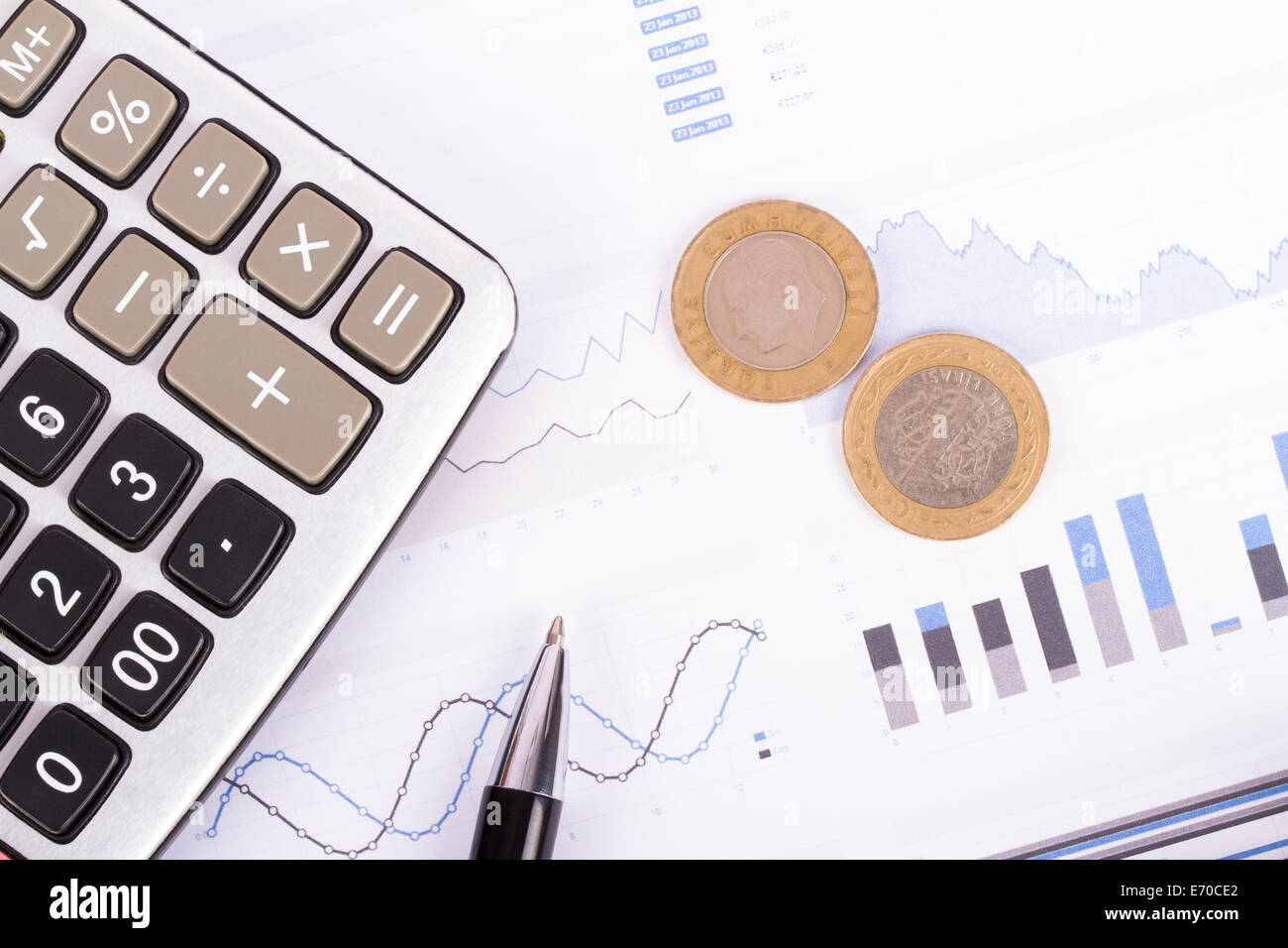 Financial concept, chart graphs, coins and calculator on business table ...