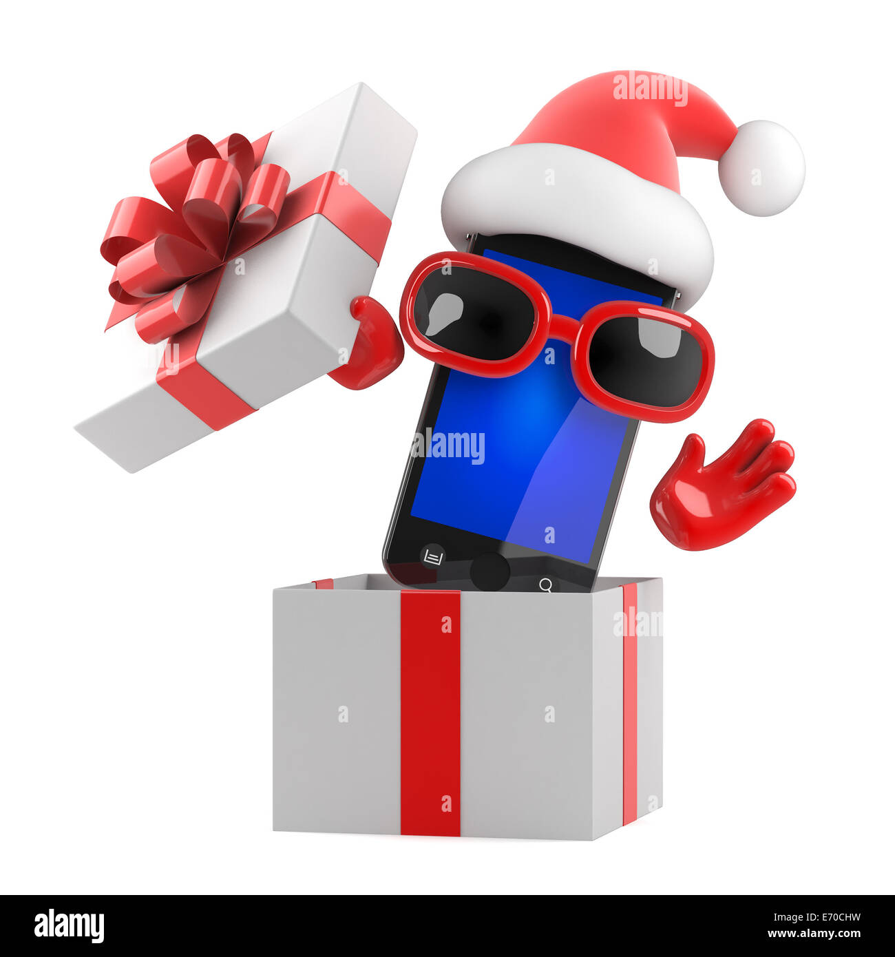 3d render of a smarphone dressed as Santa Claus appearing out of a gift ...