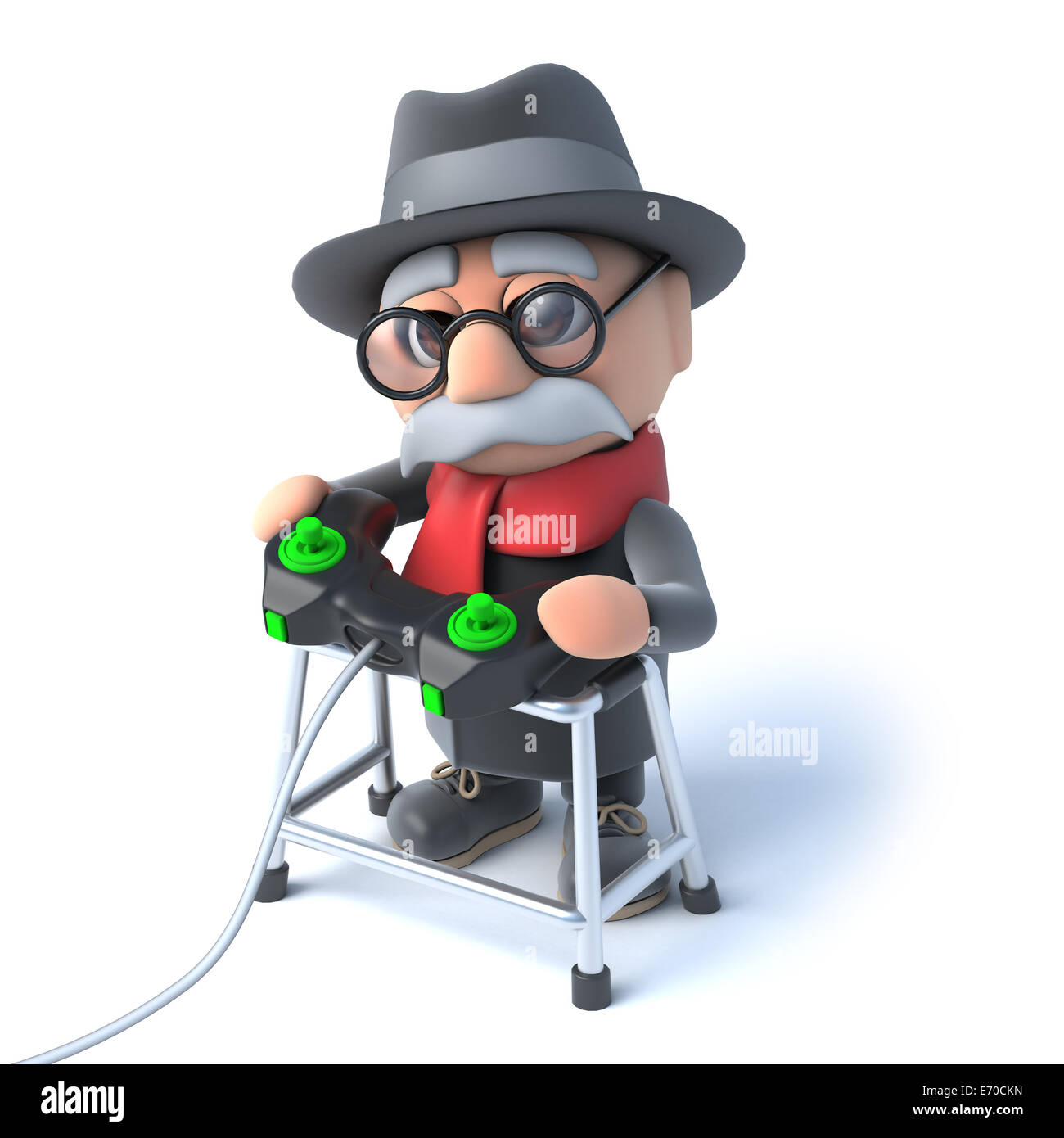 3d render of an old man with a walking frame playing a videogame Stock ...