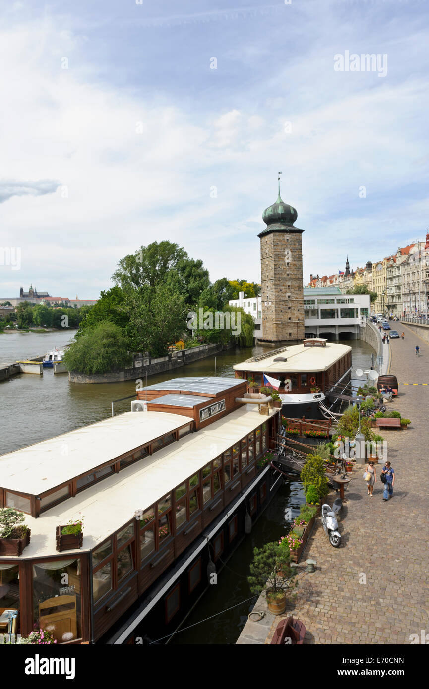 Two floating restaurants by the famous Manes Exhibition Hall in Prague ...