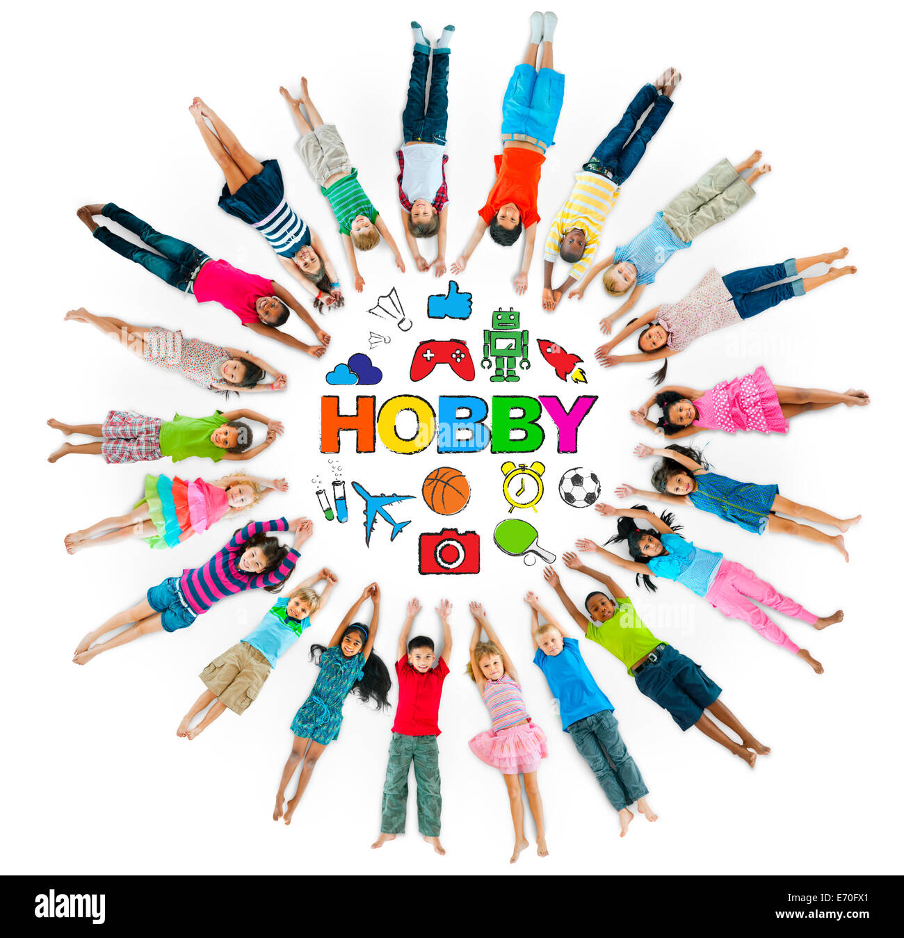 Group of Children Circle with Hobby Symbols Stock Photo - Alamy