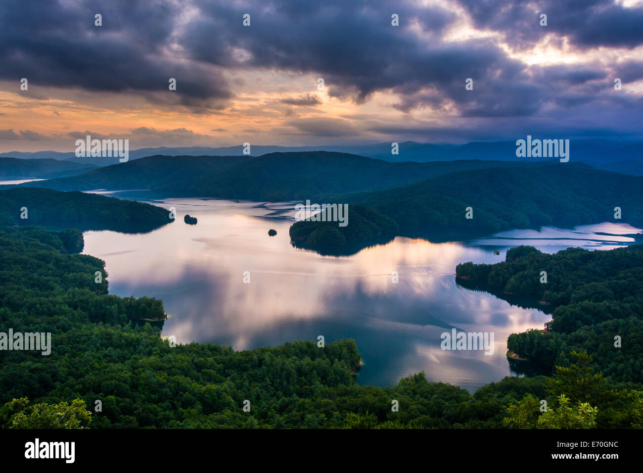 View of Lake Jocassee at sunset, from Jumping Off Rock, South Carolina ...