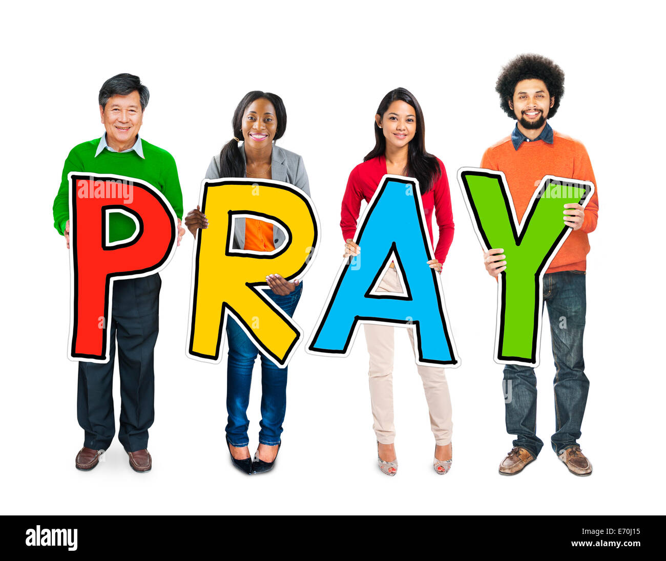 Multiethnic Group of People Holding Letter Pray Stock Photo - Alamy