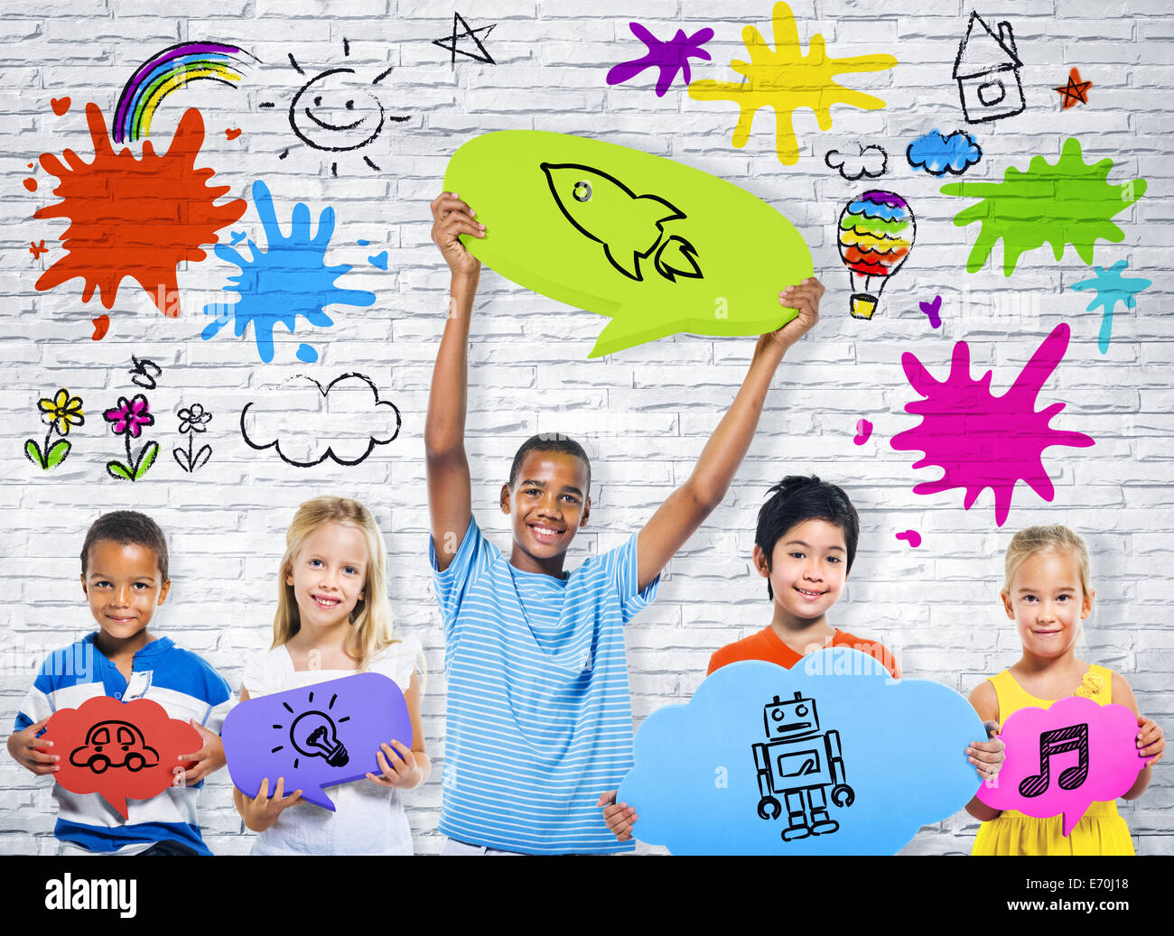 Kids with sign Stock Photo - Alamy