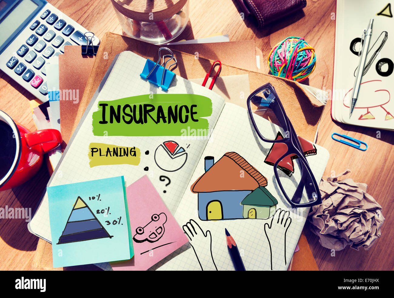 Messy Desk with Insurance Related Notes Stock Photo - Alamy
