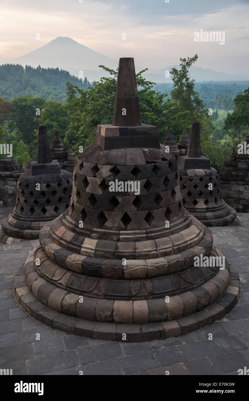 Borobudur, Java, Indonesia. Stupas and Mount Merapi in Early-morning ...