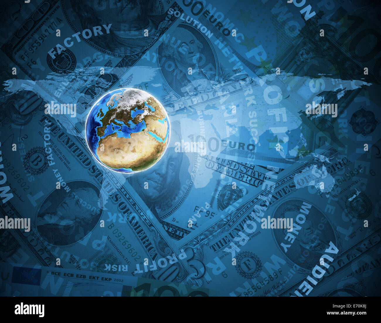 Earth, world map on money background Stock Photo - Alamy