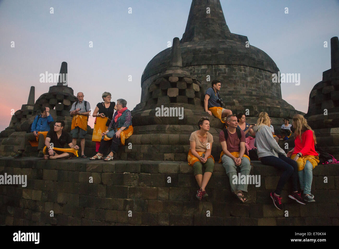Borobudur, Java, Indonesia. Tourists at top of Temple Waiting for ...