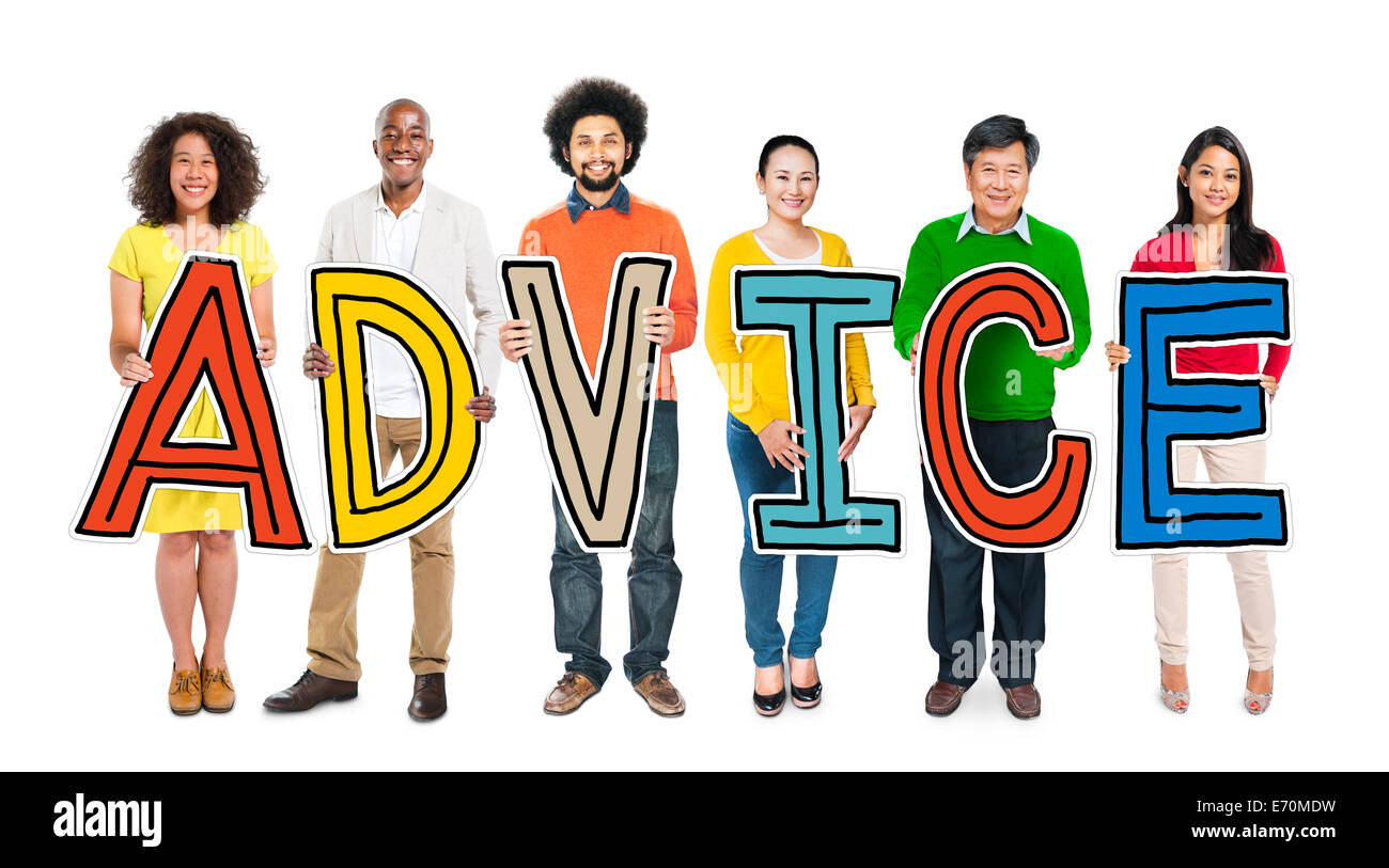 Multiethnic Group of People Holding Letter Advice Stock Photo - Alamy