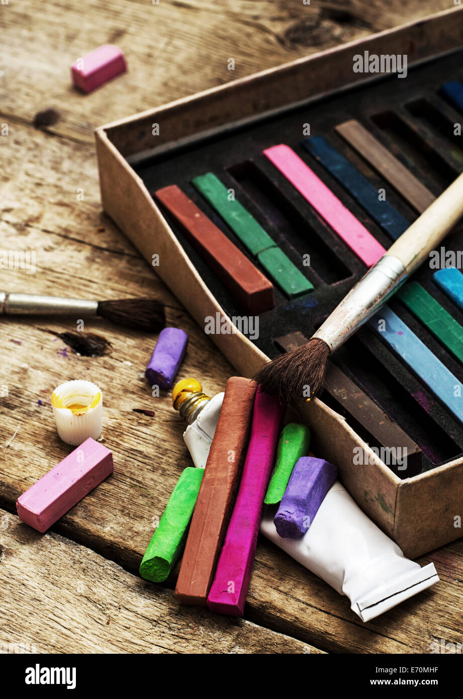 crayons and pencils for drawing in old style Stock Photo - Alamy