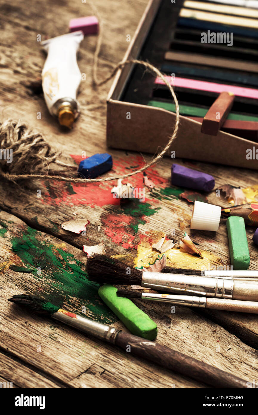 crayons and pencils for drawing in old style Stock Photo - Alamy