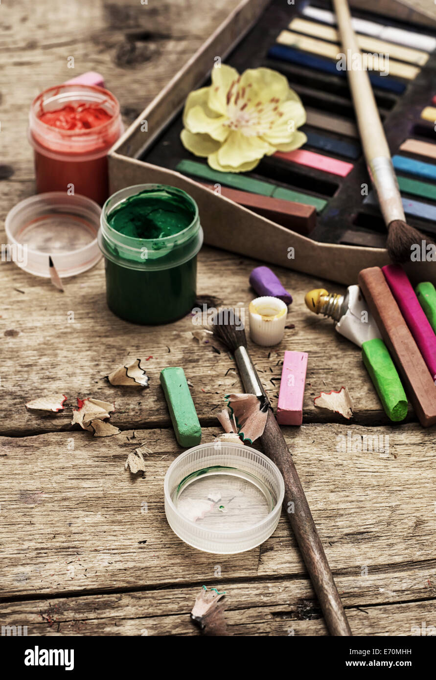crayons and pencils for drawing in old style Stock Photo - Alamy
